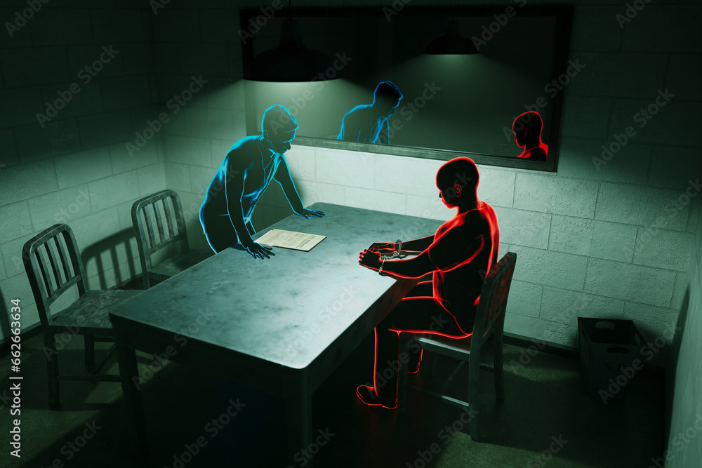 Interrogation room detective interrogating suspect Police work investigation Stock Illustration ...