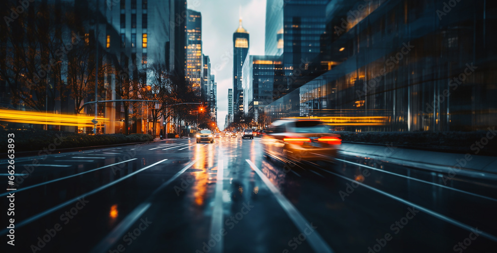 Dusk, lights in a modern city street scene. Defocused image of a near ...
