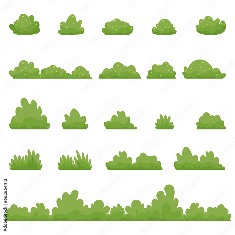 Vetor de Shrubs and green bushy plants cartoon. Bush of different ...