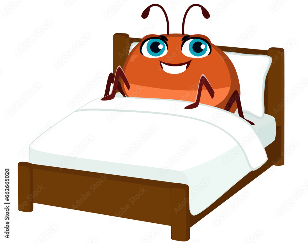 Funny illustration of bed bug in Bed smiling happy vector cartoon ...