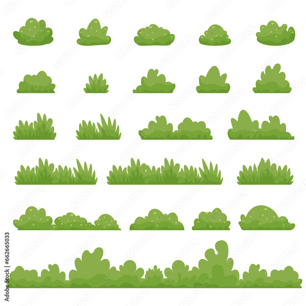 Shrubs and green bushy plants cartoon. Bush of different shapes park ...