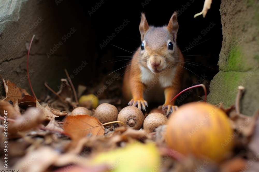 a squirrel hoarding acorns in a secretive spot Stock Photo | Adobe Stock
