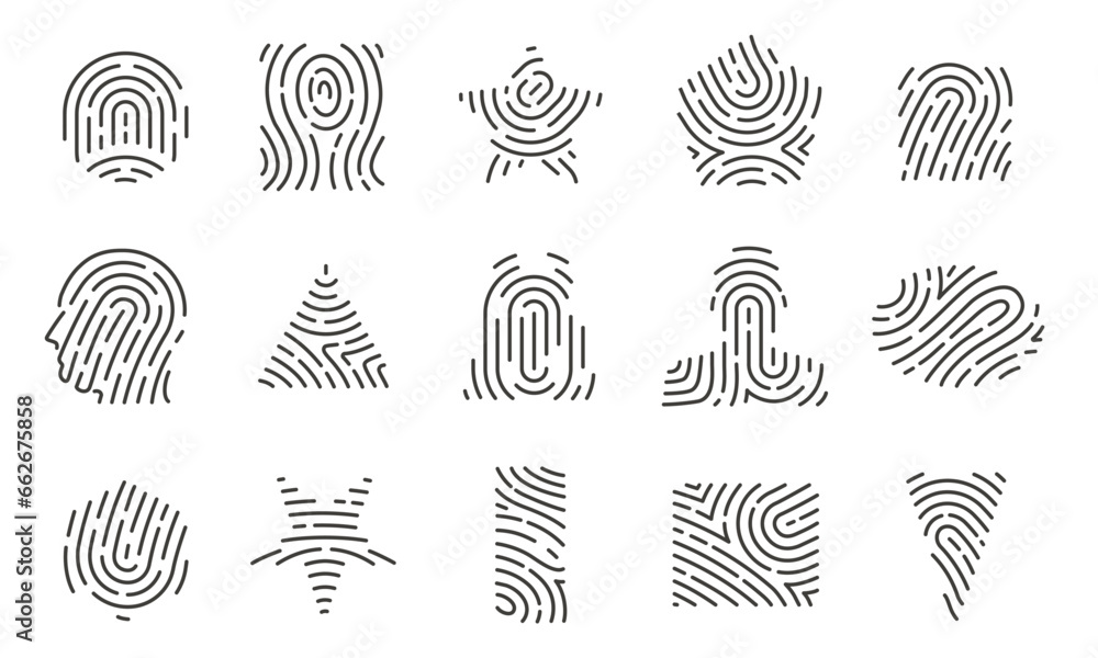 Fingerprint shapes. Minimalistic circular fingerprint icons, face ...