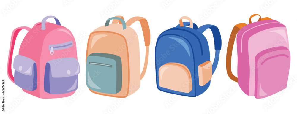 Cute colorful school bags set cartoon isolated on white background ...