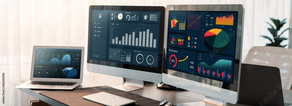 Business intelligence chart and graph display on computer monitor at ...