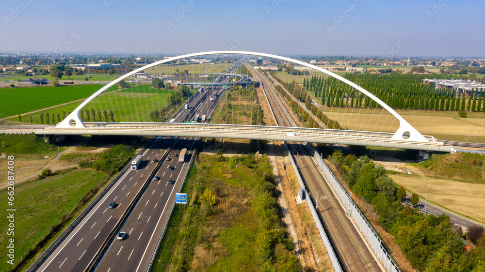 Aerial view of the Calatrava bridge in Reggio Emilia, Italy. The bridge ...