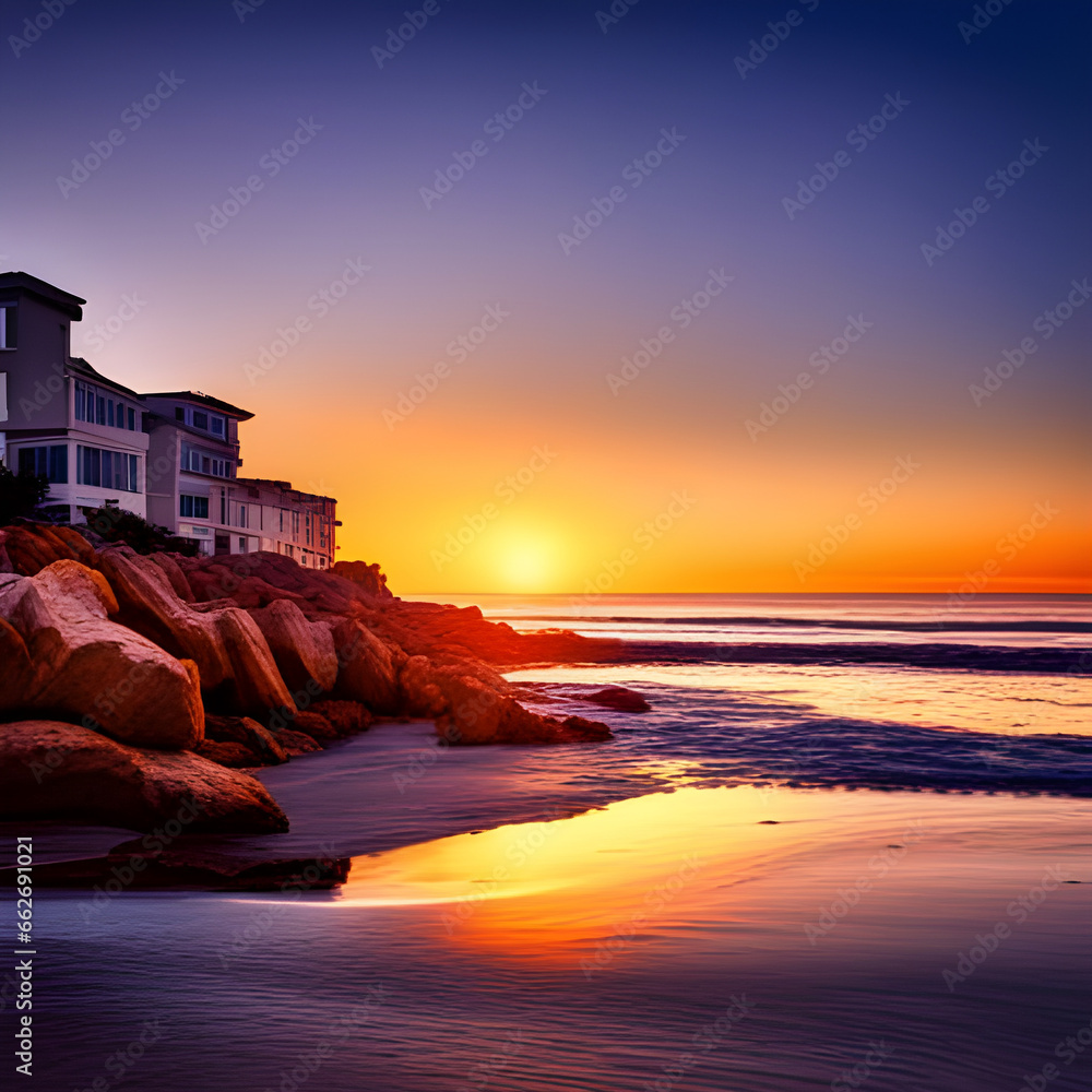 Amazing beach sunset with endless horizon and incredible foamy waves ...