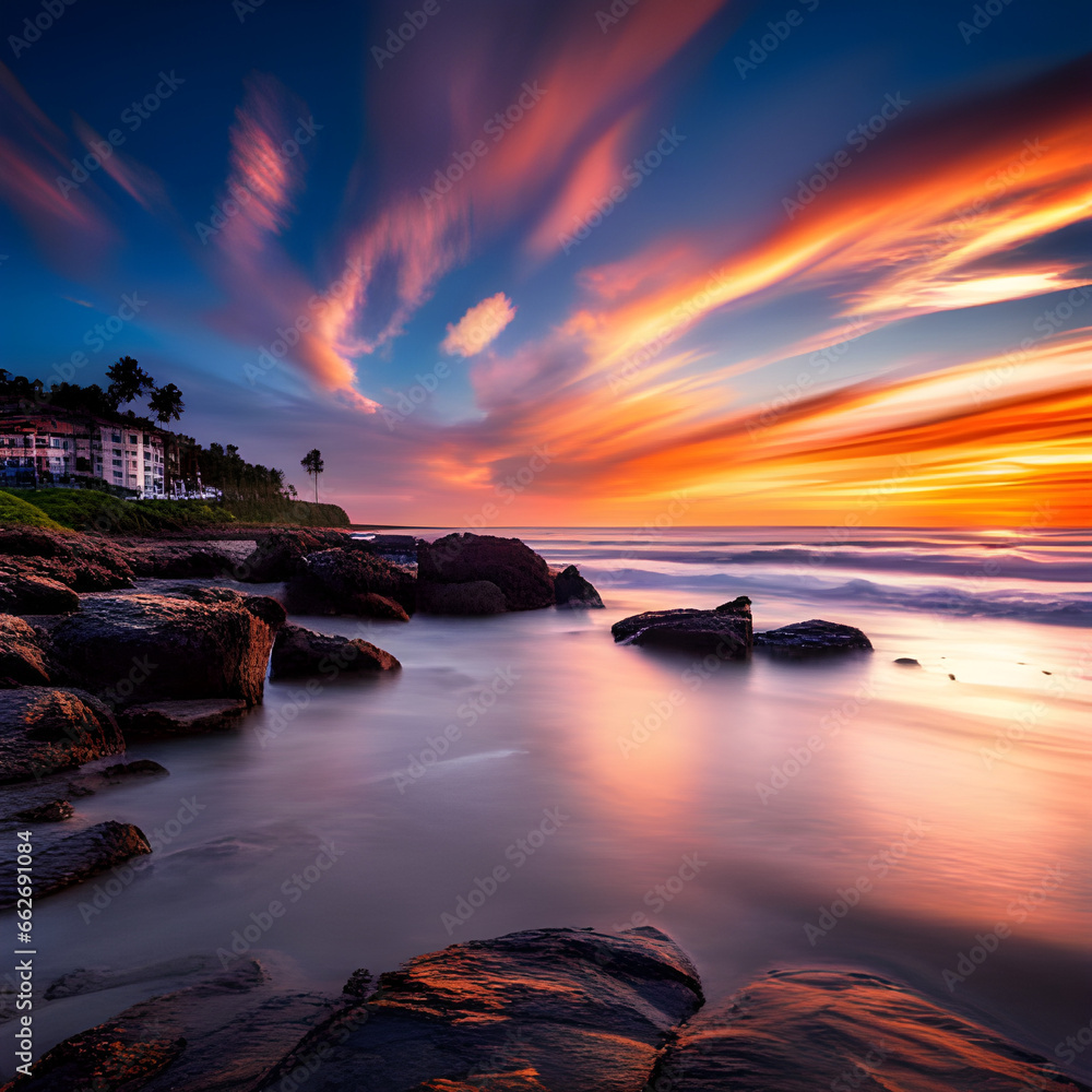 Amazing beach sunset with endless horizon and incredible foamy waves ...