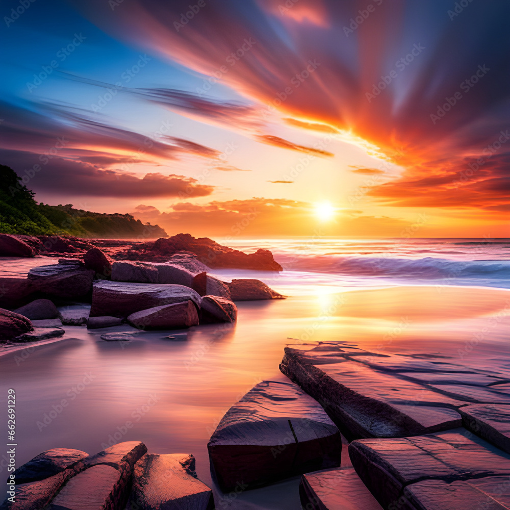 Amazing beach sunset with endless horizon and incredible foamy waves ...