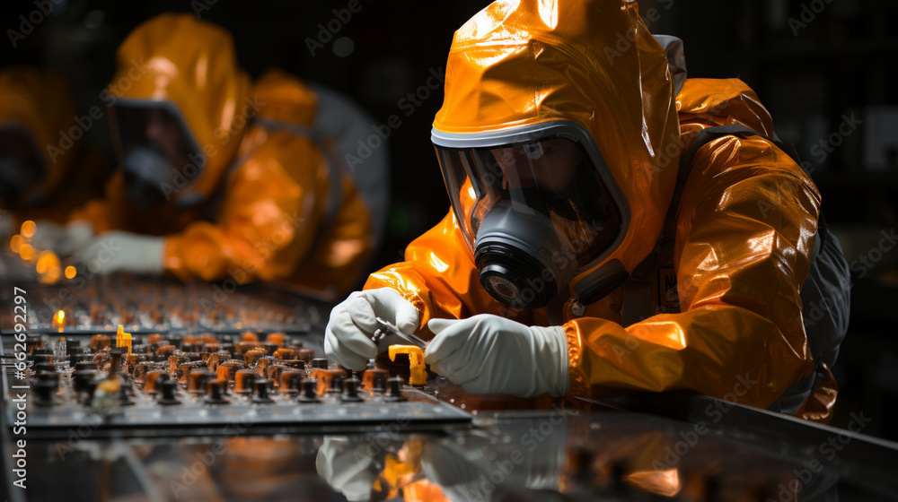 Lab Safety: A researcher in a safety suit and goggles handling ...
