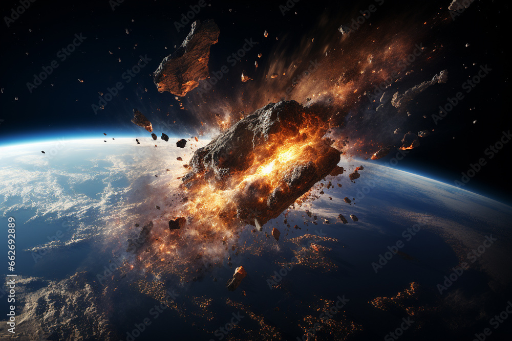 Moment of a giant asteroid impacting Earth, symbolizing the immense ...