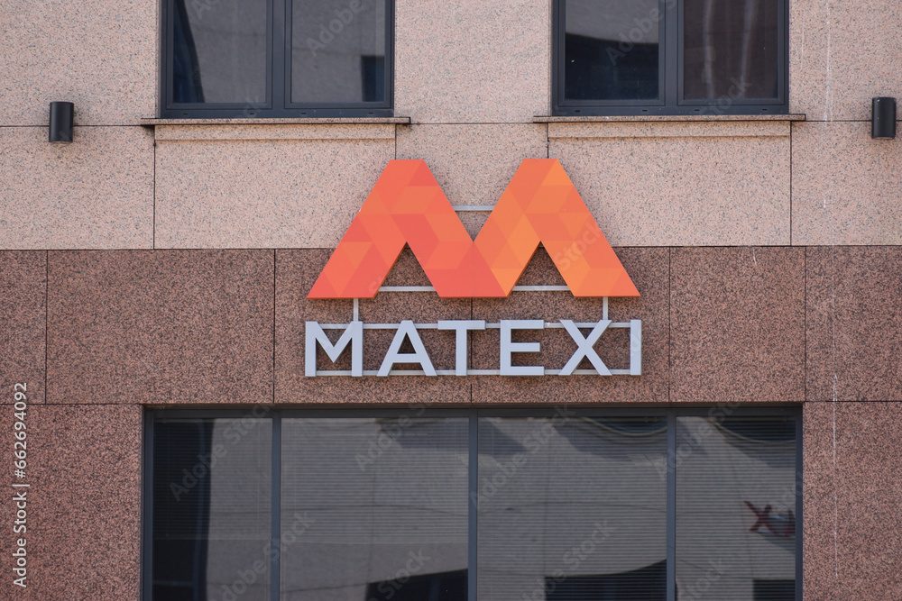 Matexi emblem, logo, signage on the office facade. Residential real ...