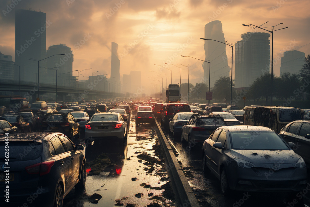 Polluted city with chaotic traffic, highlighting the hazardous ...