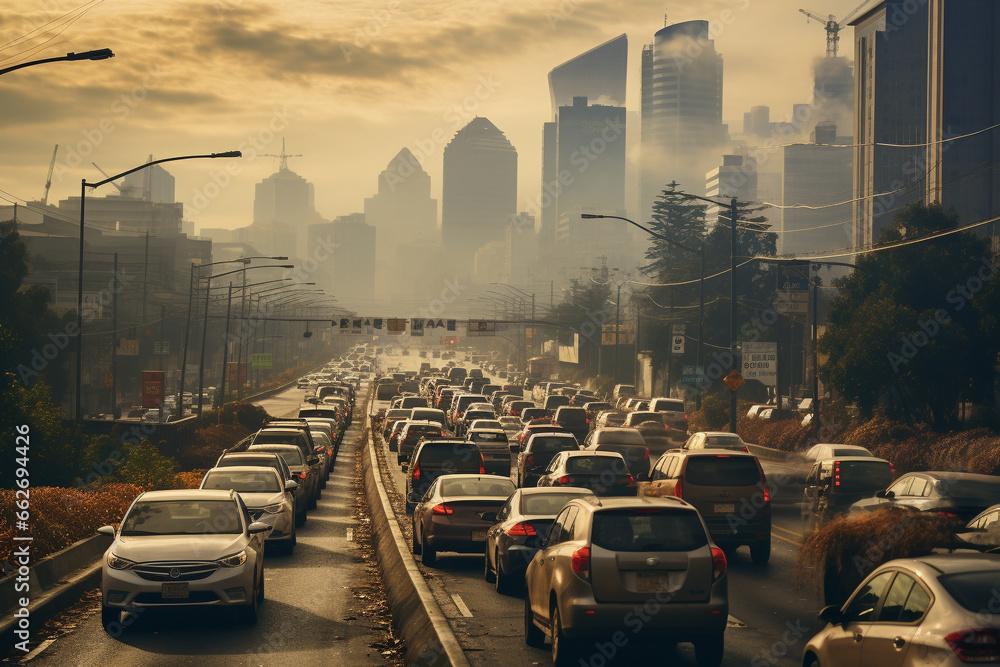 Polluted city with chaotic traffic, highlighting the hazardous environmental impact of vehicles ...