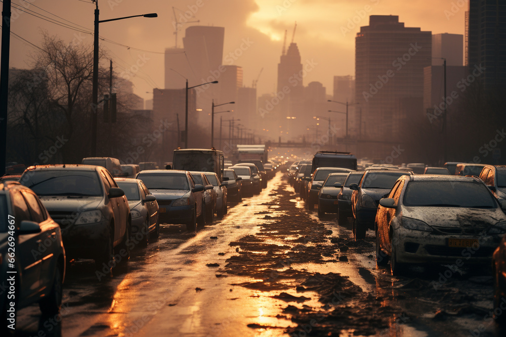 Polluted city with chaotic traffic, highlighting the hazardous ...