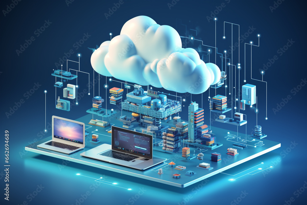 Cloud computing concept, where data and information seamlessly flow and interact within a ...