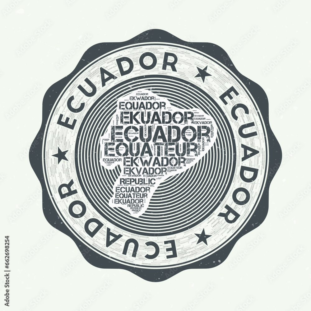 Ecuador seal. Country round logo with shape of Ecuador and country name ...