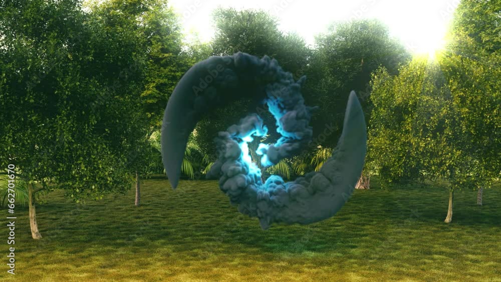 teleportation vortex in a forest. 3d animation of a magic portal in a ...
