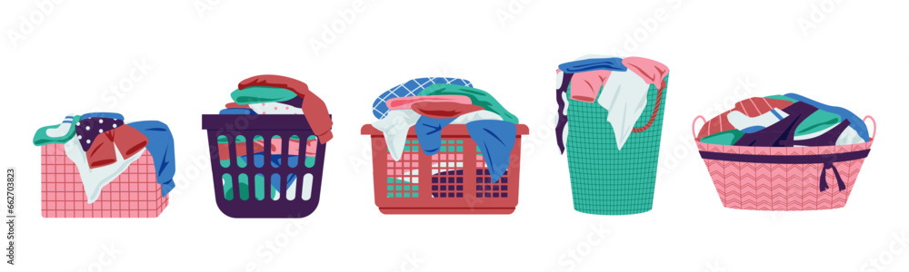 Laundry basket with clothes. Housewife wicker and woven basket with ...