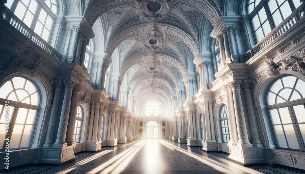 A grand cathedral with a symmetrical arcade of white columns and arched ...