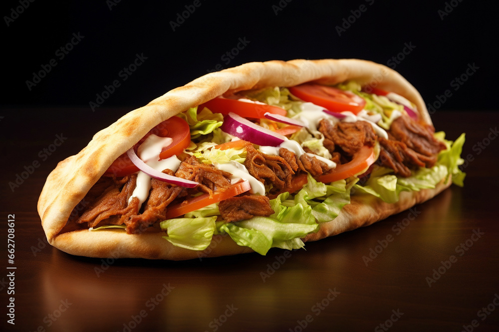 Doner kebab in pitta bread with lettuce, tomato, souce, onion, isolated ...