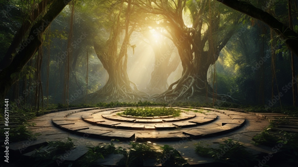 A mystical forest clearing with ancient, towering trees, their branches ...