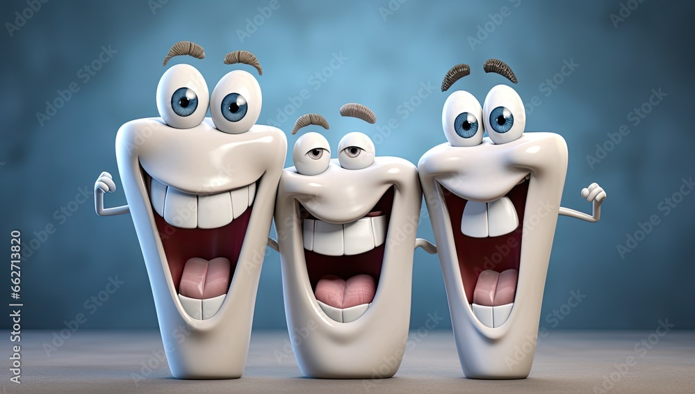 Three animated teeth with eyes and hands joyfully smile against a blue ...