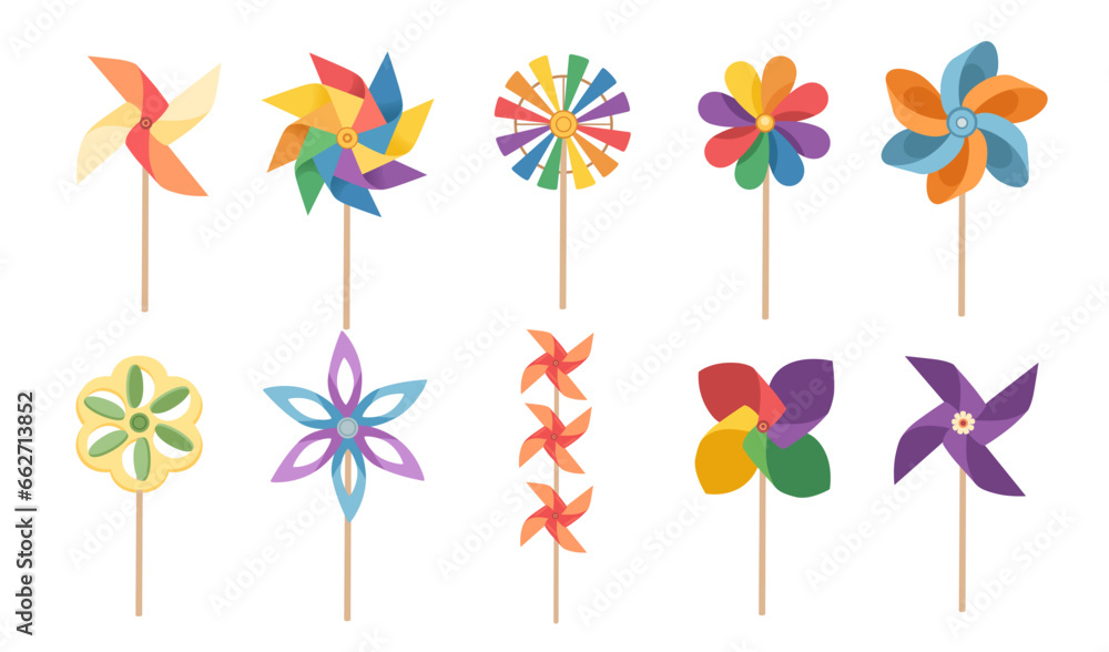 Set of colorful pinwheel simple hand toy with wind fan vector ...