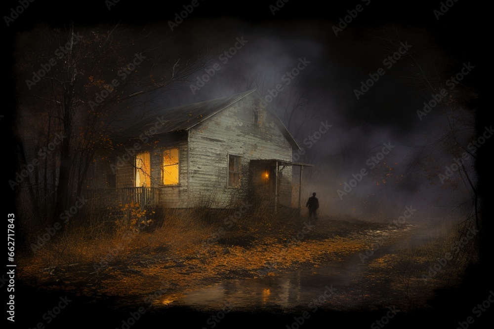 Haunting Specters: Creepy House and Figures in a Horror Movie Scene ...