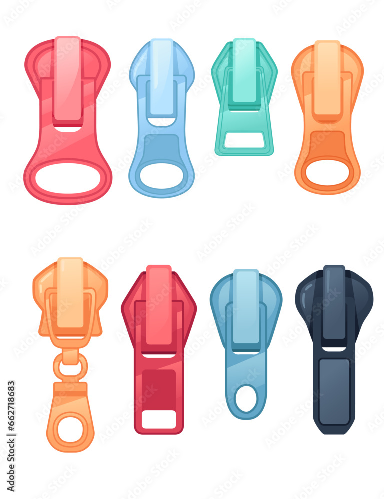 Collection of colored steel zipper puller vector illustration isolated ...