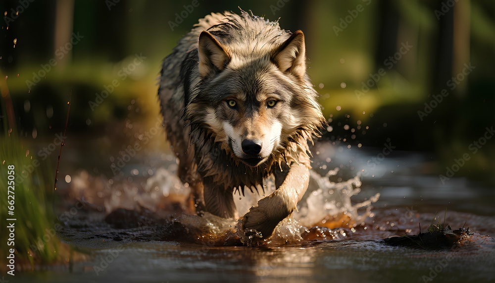 Wolf in the forest. Wolf in the water. Grey haired wolf walking around ...