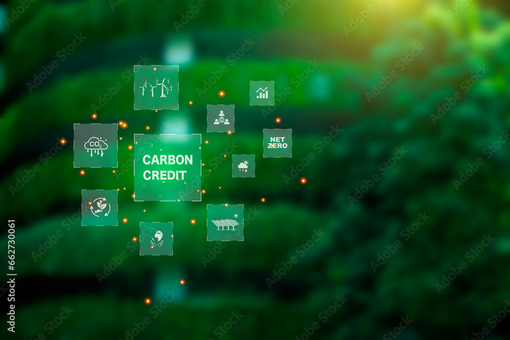 Carbon credit market concept. carbon credit icon on Green building ...