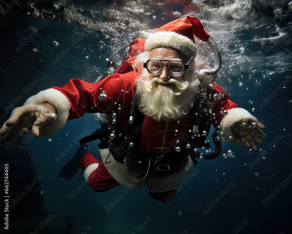Funny Christmas scene of Santa Claus scuba diving in tropical ocean on ...