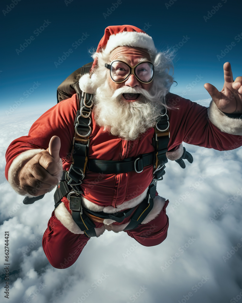 Funny Christmas scene of Santa Claus skydiving on holidays with ...