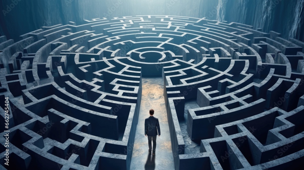 Man in surreal maze, facing labyrinth challenge, complex problem ...