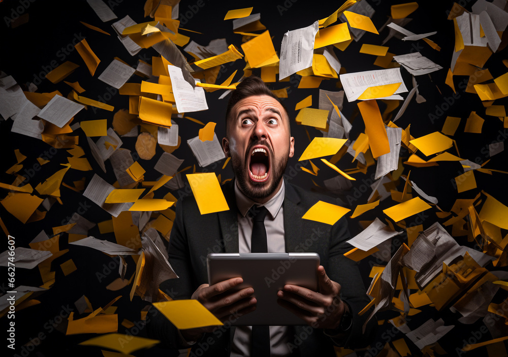 Shouting. Tired and sad businessman sitting over exploding pile of ...