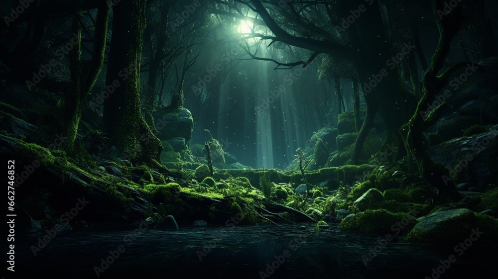 Green dark magical forest night fantasy wallpaper image Ai generated ...