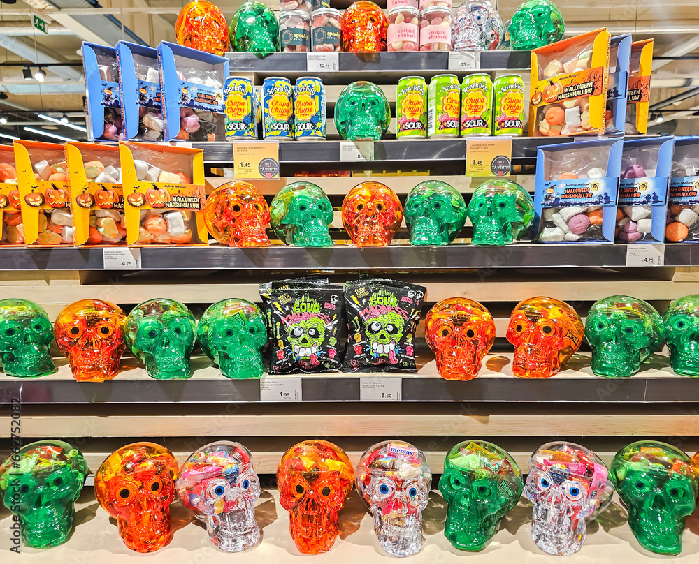 LATVIA, RIGA, 14, OCTOBER, 2023: Candies with plastic boxes in the ...