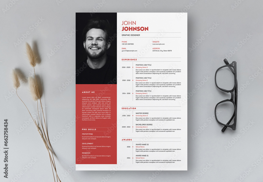 Resume Layout with Red Accents Stock Template | Adobe Stock