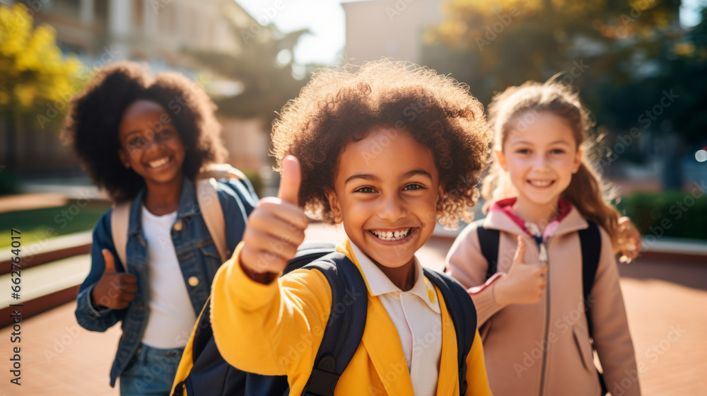 Elementary smiling happy children doing thumbs up gesture outdoor at school yard, diverse group ...