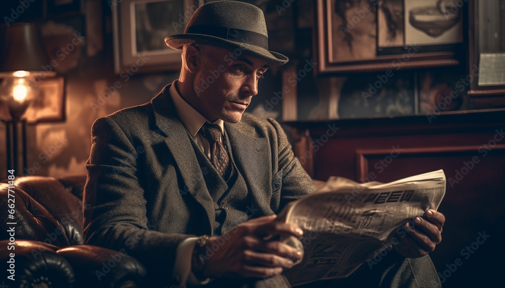 One elegant businessman reading old fashioned newspaper, holding ...