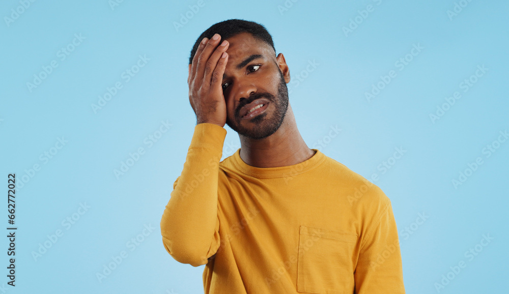 Stress, fail and man in studio with facepalm emoji for stupid mistake ...