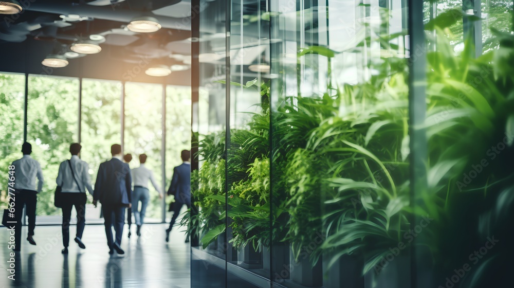 Office space with lush green plants. Sustainable and nature friendly ...