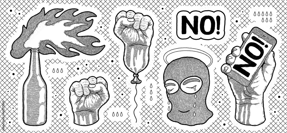 Protest sketch. Fist balloon. Revolution hand fight. Feminist power and ...