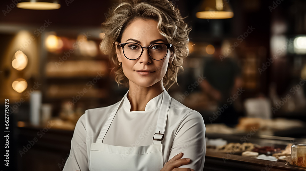Happy Chef mature woman of a Big Restaurant Crosses Arms and Smiles in ...