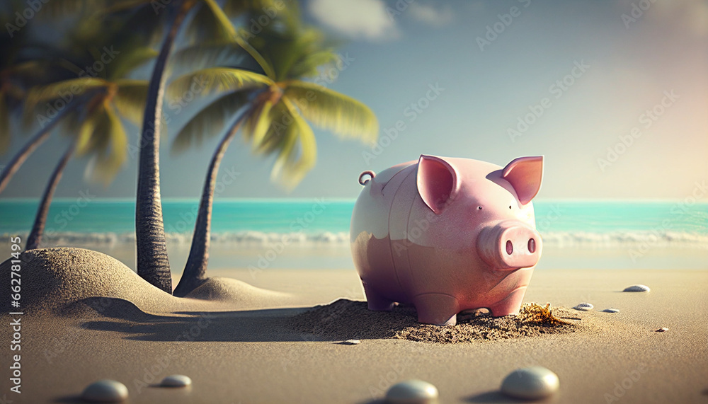 Sparschwein am Strand unter Palmen symbolisiert Sparsamkeit im Urlaub ...