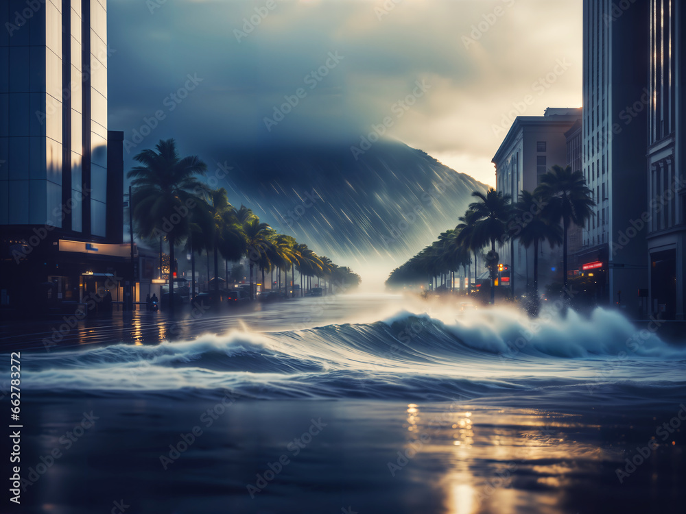Global warming, sea level rise and coastal flooding. Waves flooding ...