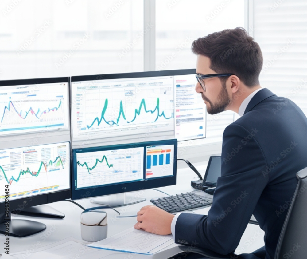 Analyst Works on Personal Computer Showing business analytics dashboard ...