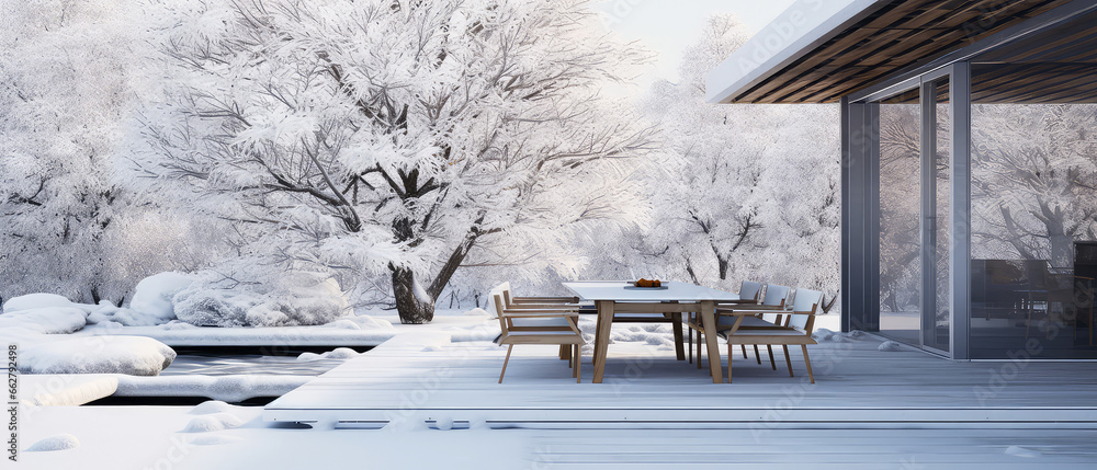 Winter, snowy patio of suburban penthouse. Luxury exterior design scene ...