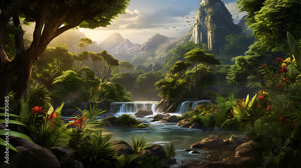 Craft a scene of a lush tropical rainforest, with vibrant foliage ...